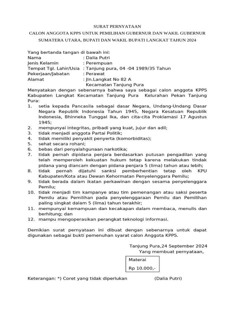 Surat Pernyataan Kpps | PDF
