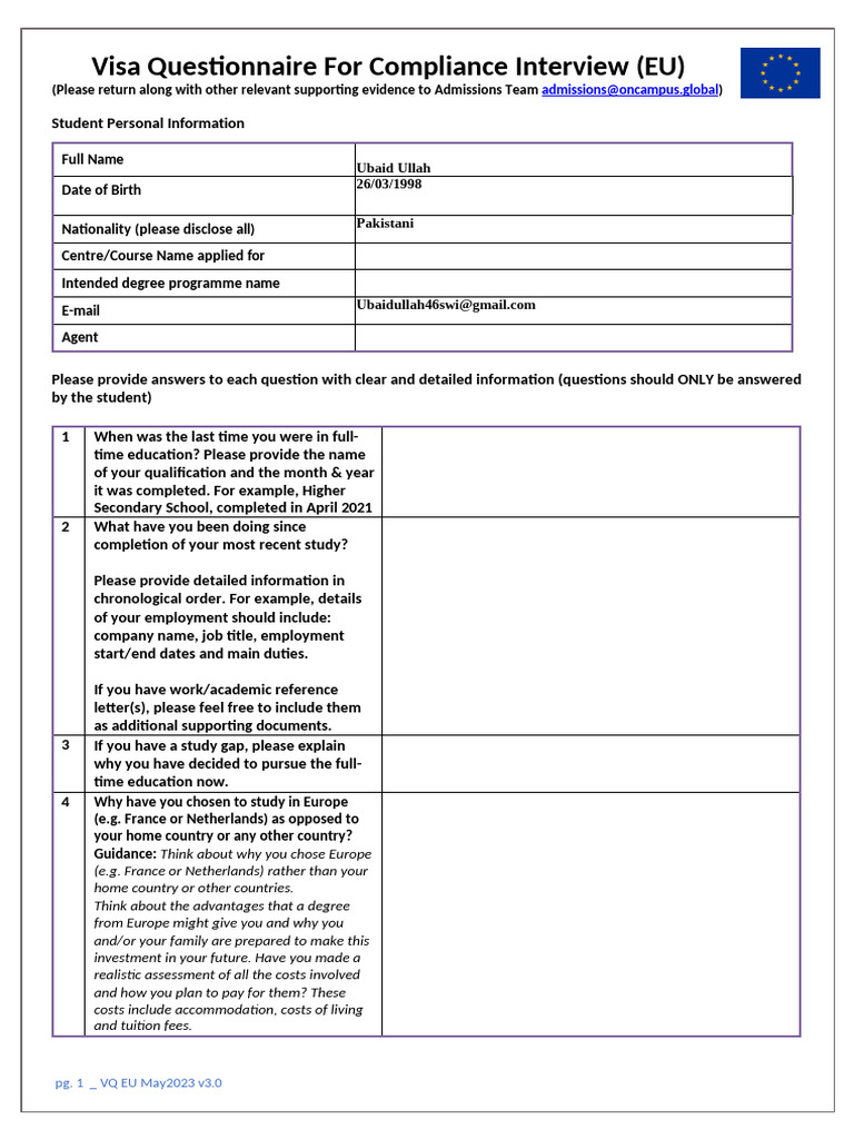 EU Visa Compliance Questionnaire | PDF | Cost Of Living | Travel Visa