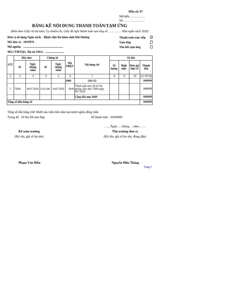 MS07 Bảng kê nội dung thanh toán.tạm ứng | PDF