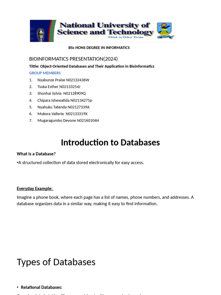 Bioinformatics Presentation 2024 (Object Oriented Databases) | PDF | Bioinformatics | Databases