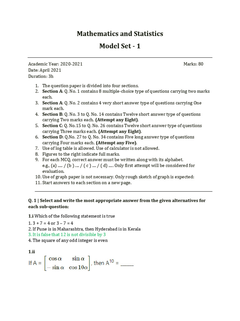 Maths Model Paper 1 | PDF | Multiple Choice | Velocity