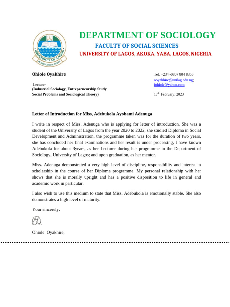 Introduction Letter for Adebukola Adenuga | PDF