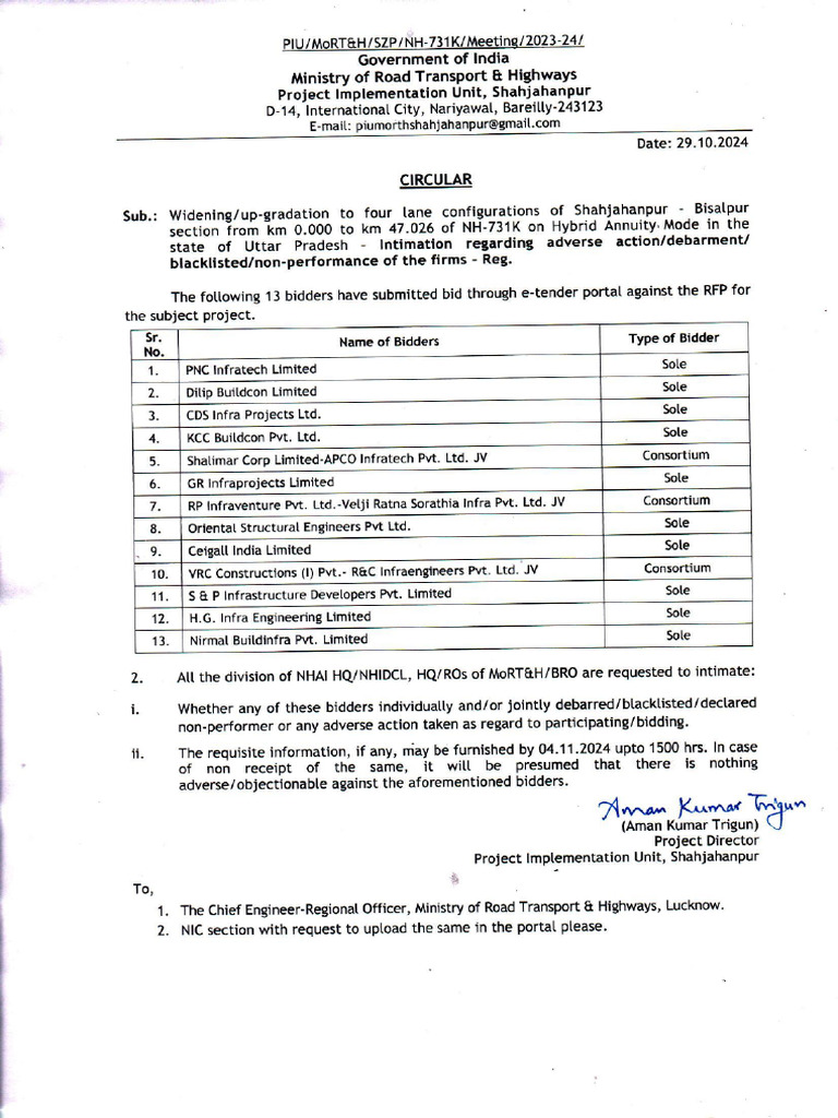 Debar-Circular dt. 29.10.2024-1 | PDF | Road Infrastructure | Road