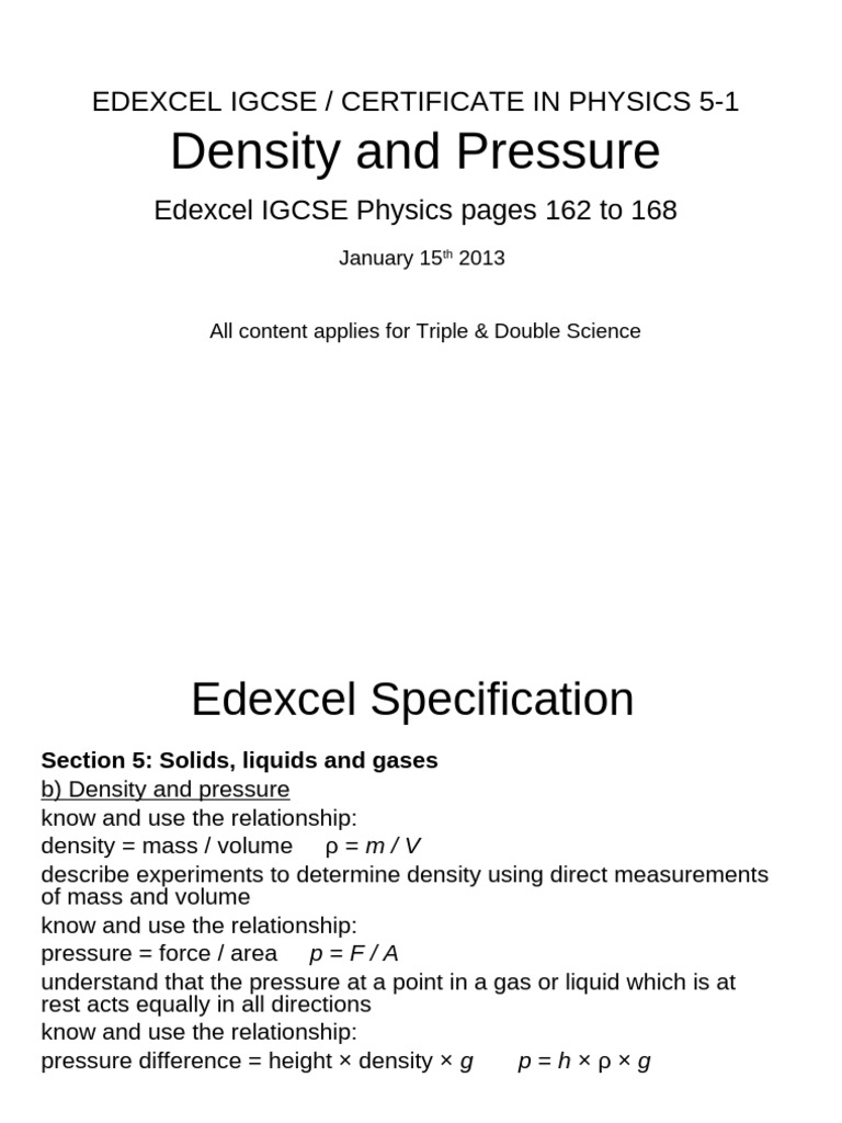 IGCSE 51 Density&Pressure | PDF | Pressure | Pascal (Unit)