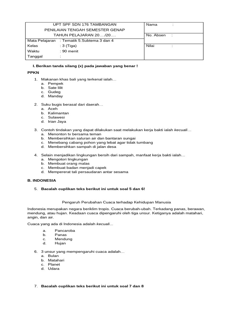 Soal PTS KELAS 3 Hari Ke 2 (Tema 5 Sub 3 4) Kelas 3 SMT 2 | PDF