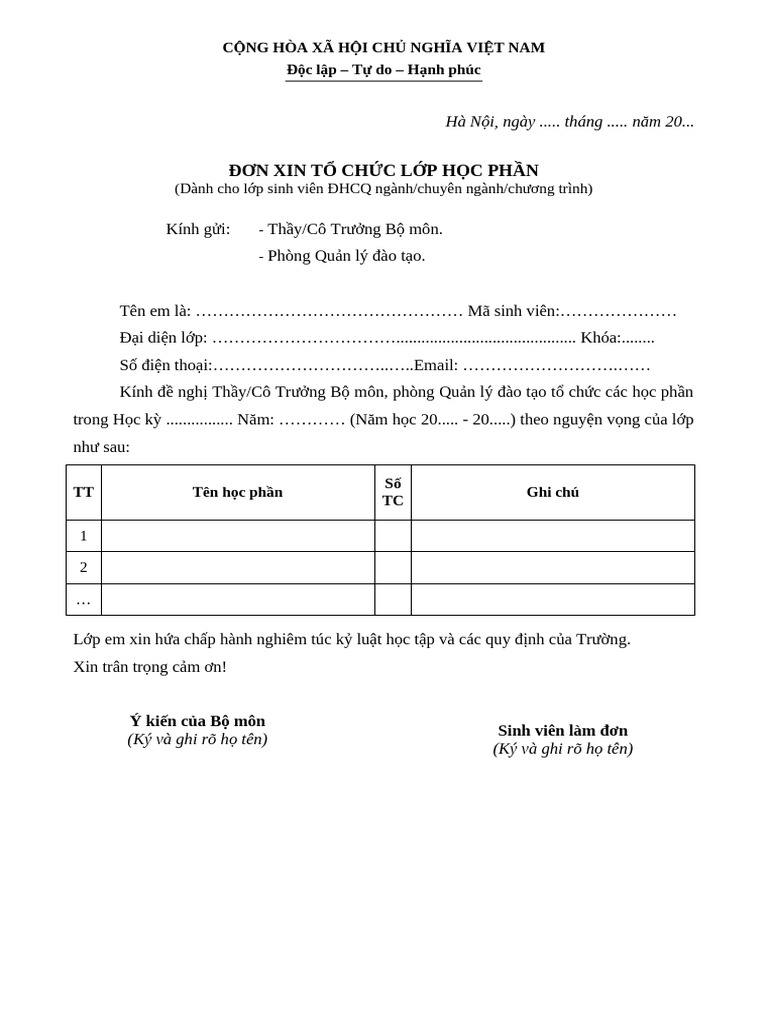 Mau Dang Ky Mo Them Lop Hoc Phan | PDF