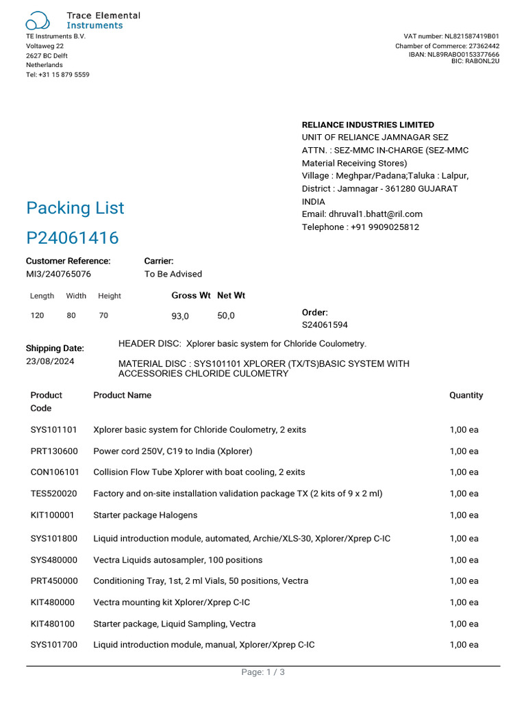 Packing List MI3 240765076 1 | PDF | Electricity
