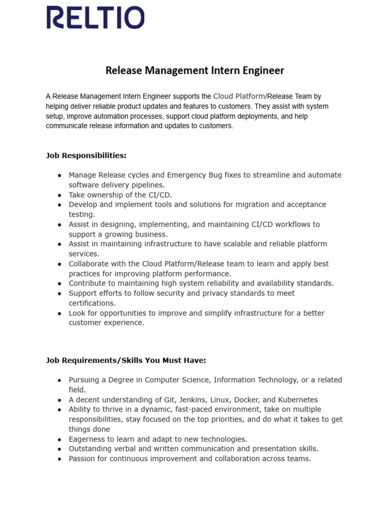 Release Management Intern Role Overview | PDF