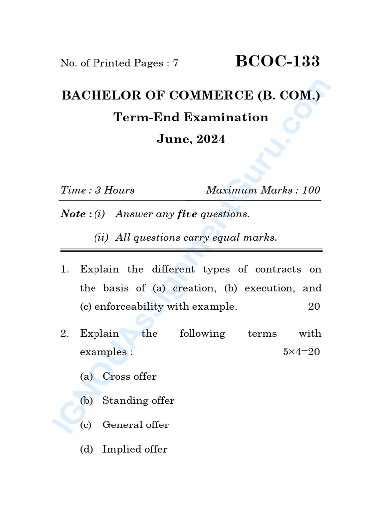 June 2024 BCOC-133 | PDF | Business Law | Civil Law (Legal System)