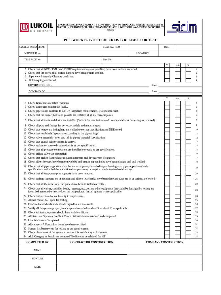 8015-0151-Sc03-00-000-Qc-Ir-00036 Pipe Work Pre-Test Checklist Release ...