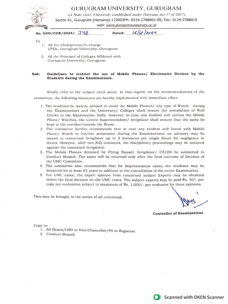 Guidelines to restrict the use of Mobile Phones Electronics Devices by ...