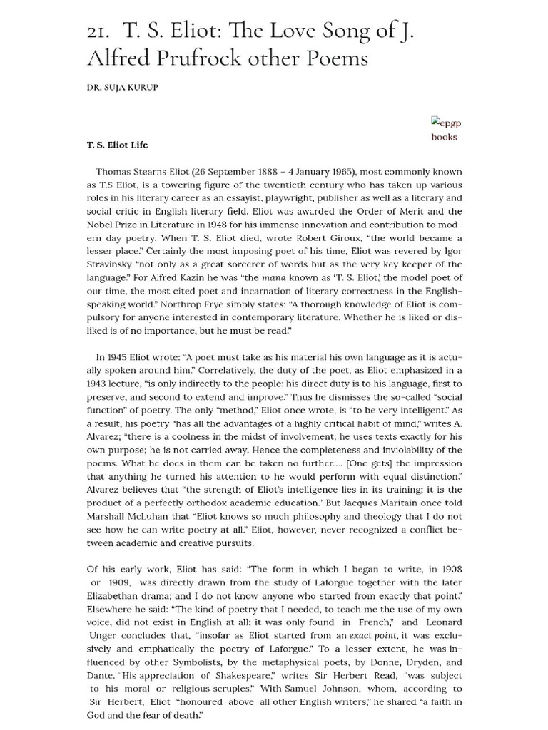 The Love Song of J.Alfred Prufrock by T.S.Eliot | PDF