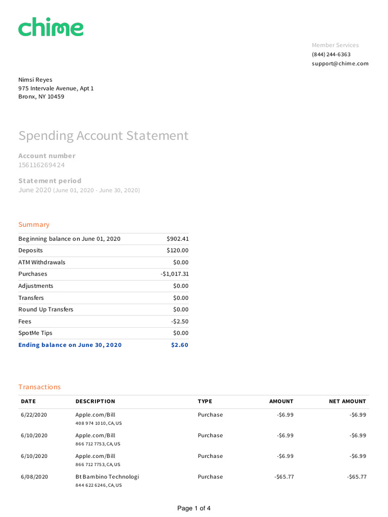 Chime Spending Statement June 2020 | PDF | Financial Services | Business