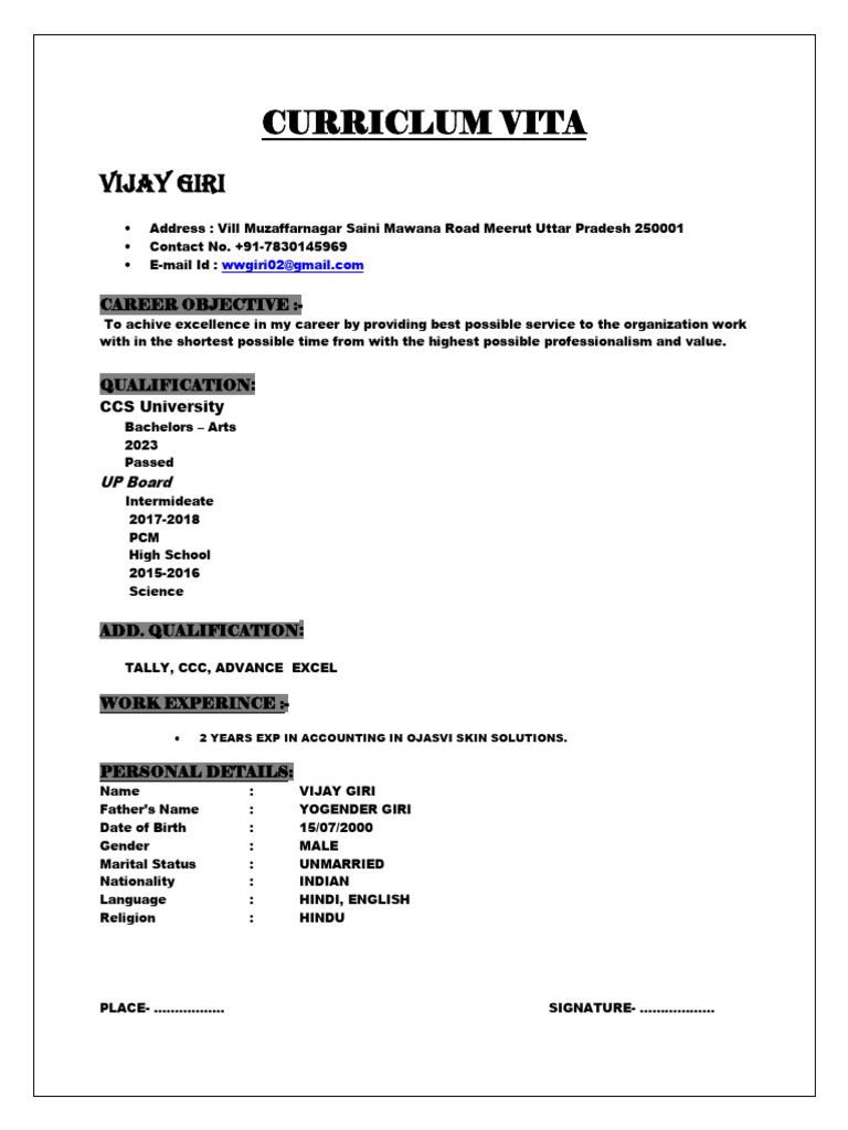 Curriclum Vita - Vijay | PDF