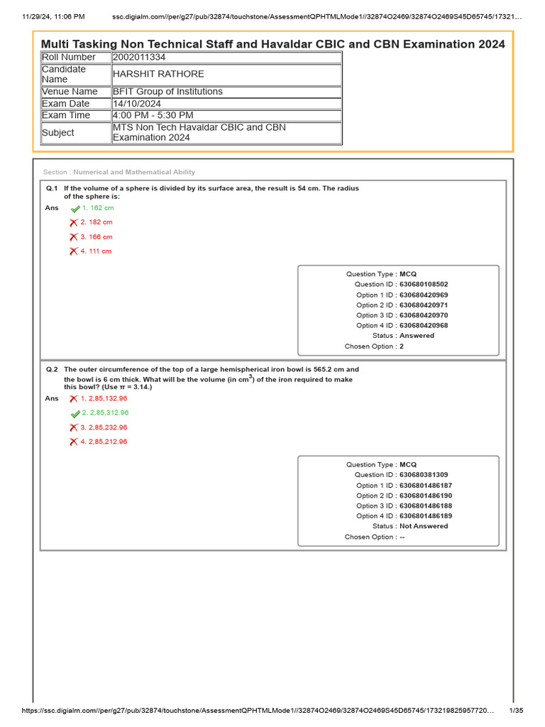 SSC MTS 2024-Answer Key | PDF | Multiple Choice