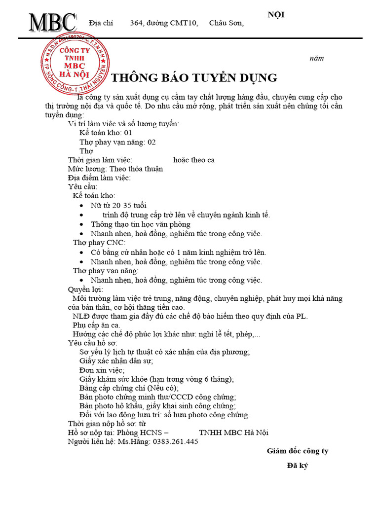TD.2024.03.01 thông báo tuyển dụng công nhân phay | PDF