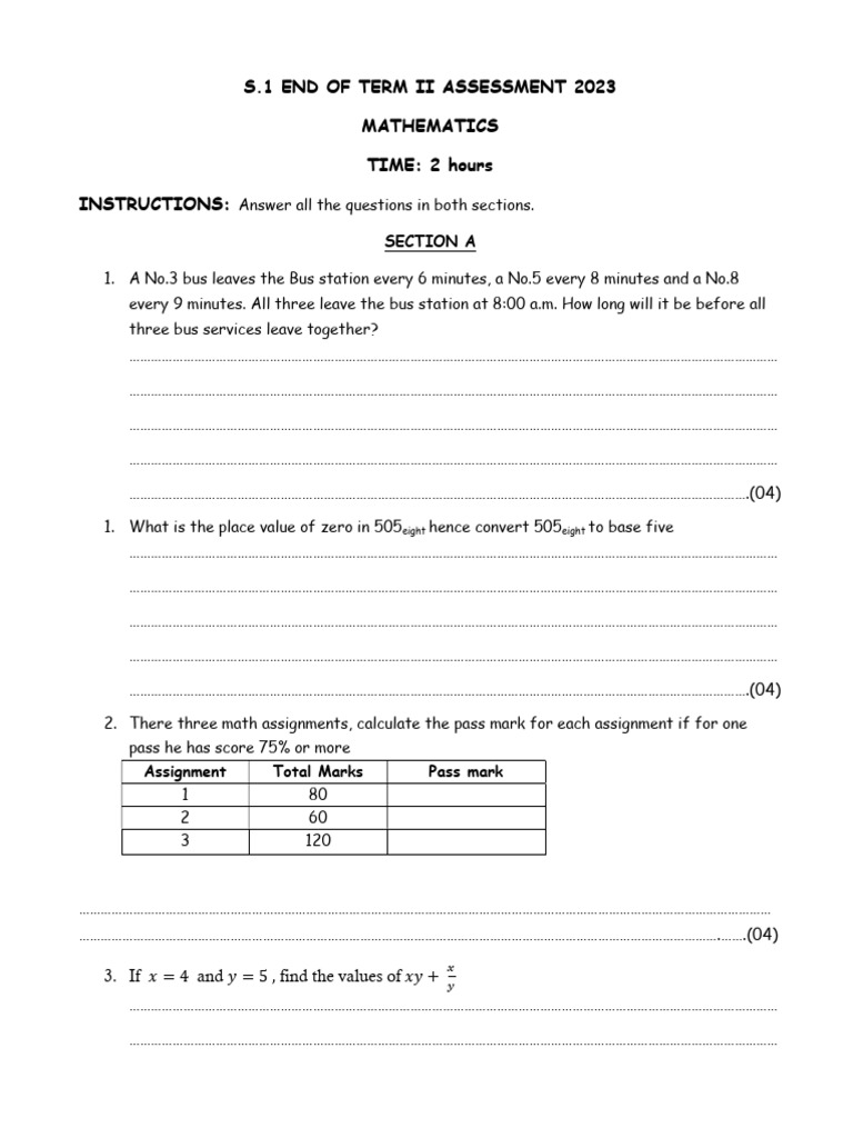 S.1 MATH EOT | PDF | Mathematics