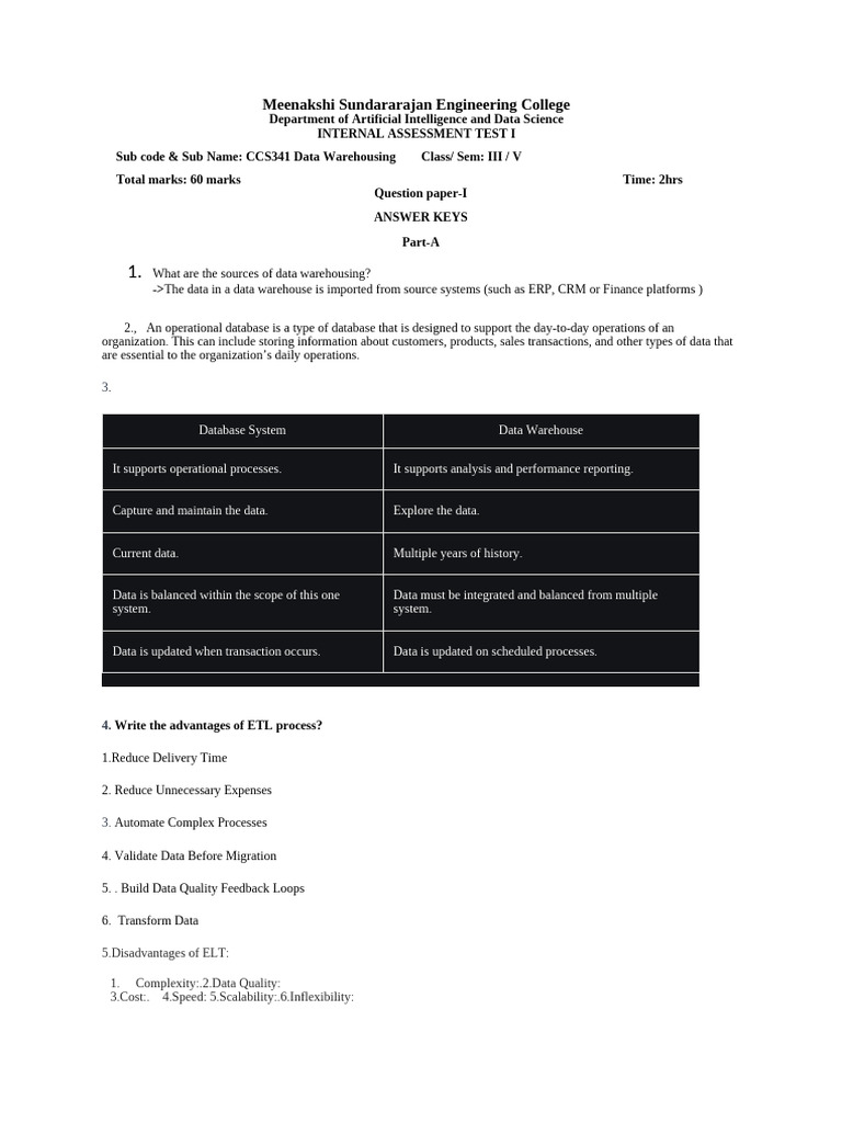 Data Warehouse QP1 - Answer Keysnew | PDF | Data Warehouse | Databases