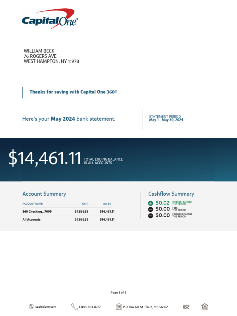 WILLIAM BECK Capital One Bank Estatement May 2024 | PDF | Transaction Account | Debit Card