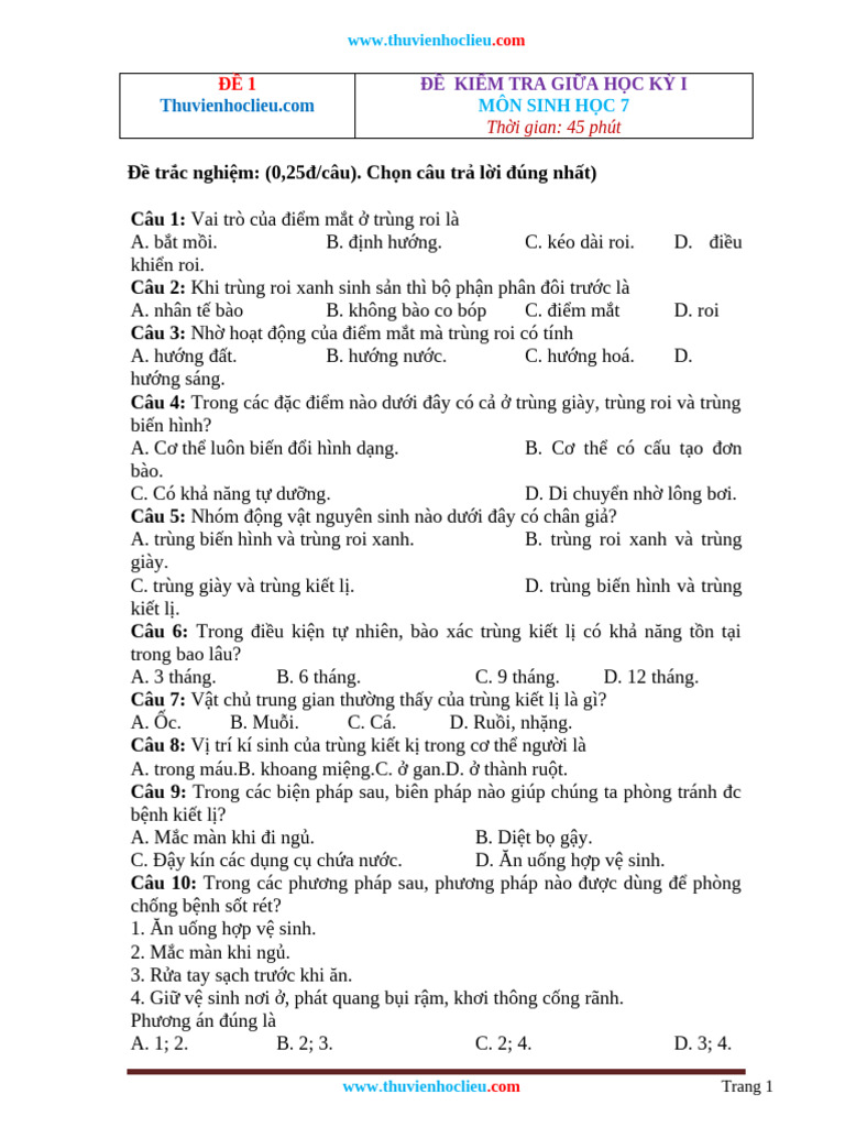 thuvienhoclieu.com-Bo-de-KT-giua-HK1-Sinh-7-co-dap-an | PDF