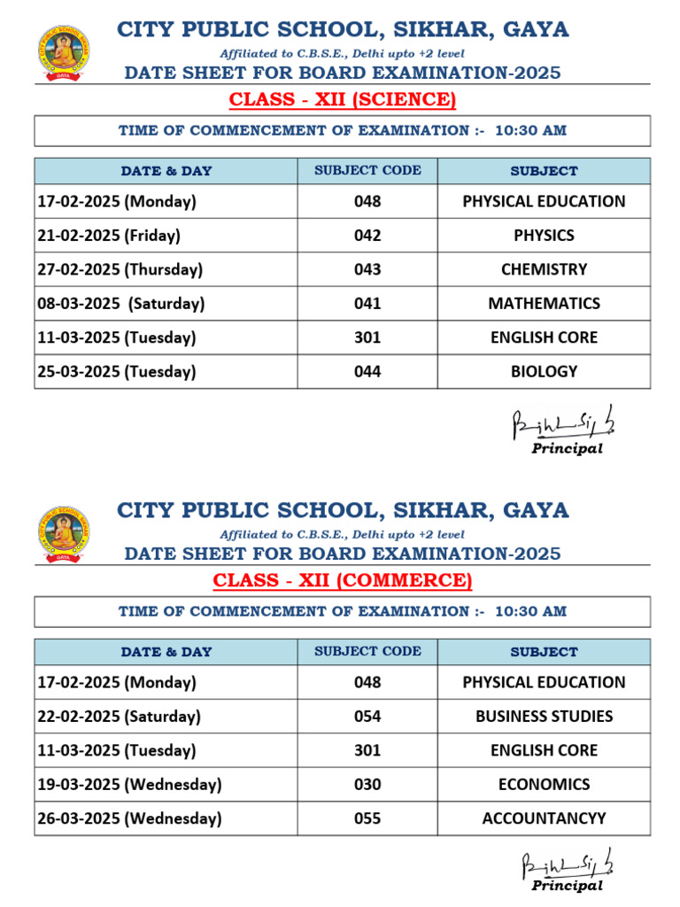 XII - Board Examination Datesheet | PDF