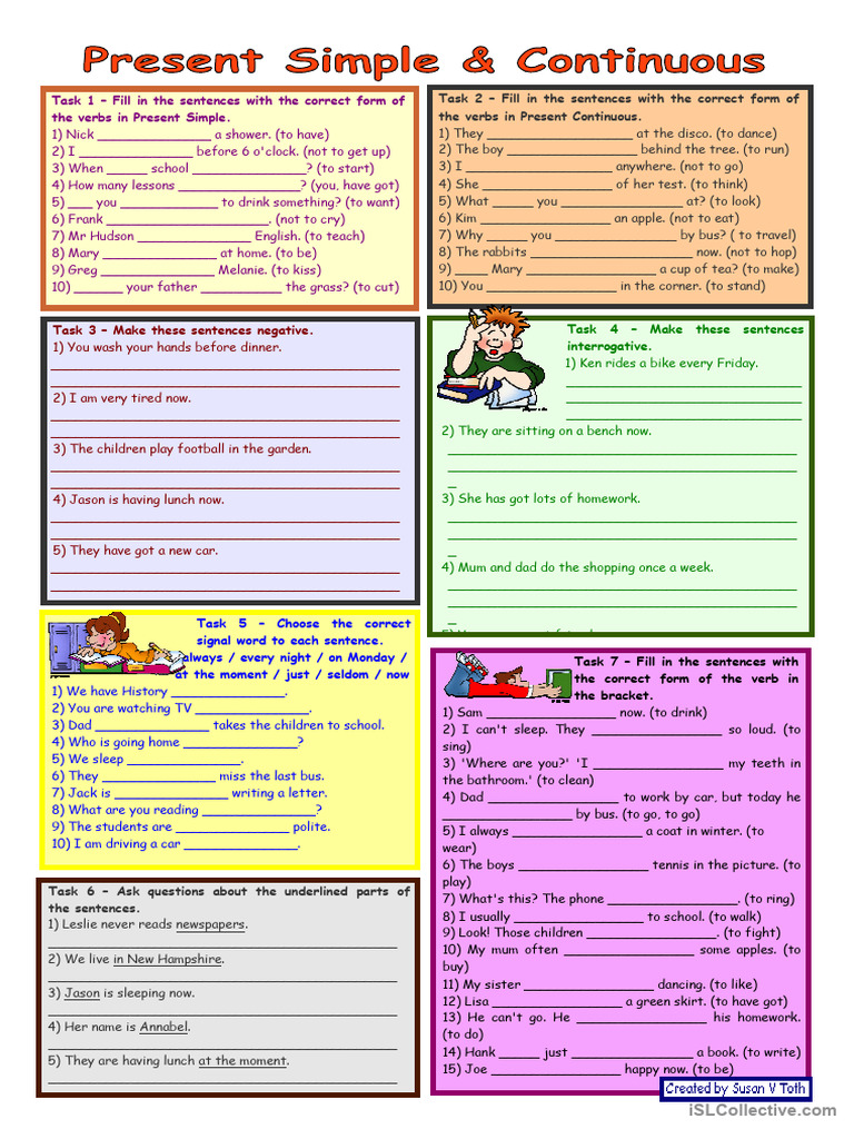 Present Simple & Continuous - 7 Tasks - B&W - With Key | PDF