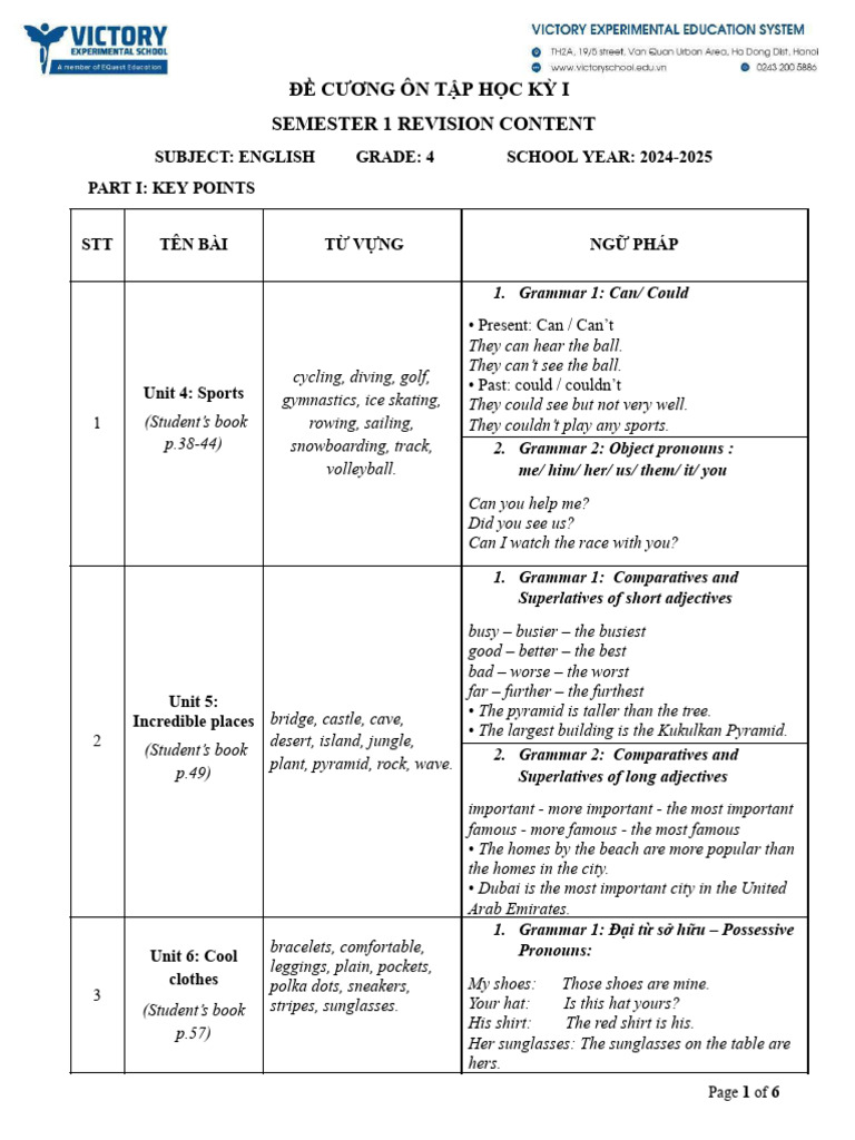 Grade 4 - Eot 1 - Revision Content | PDF