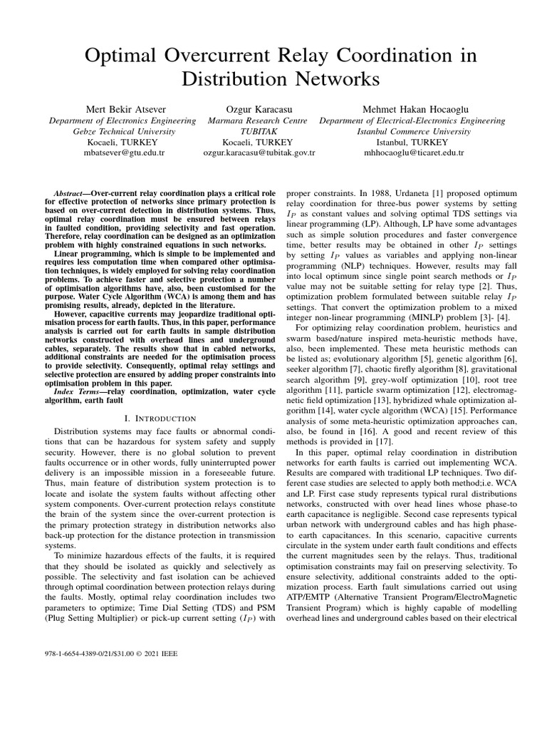 C1 Optimal Overcurrent Relay Coordination in Distribution Networks | PDF | Mathematical ...