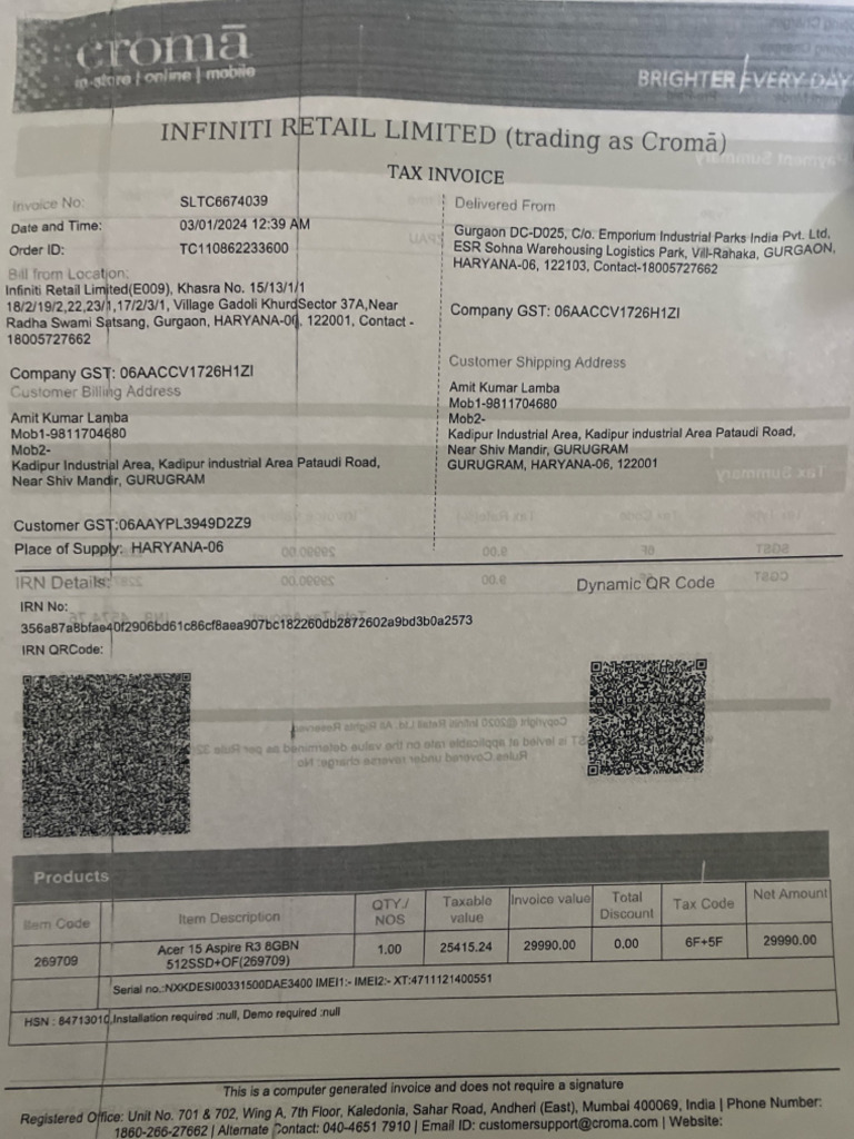 Acer Laptop Bill | PDF