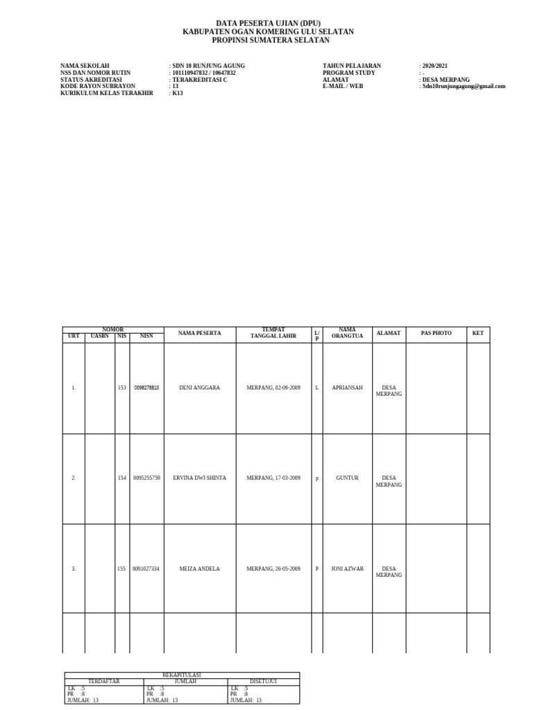 DATA PESERTA UJIAN (DPU) | PDF