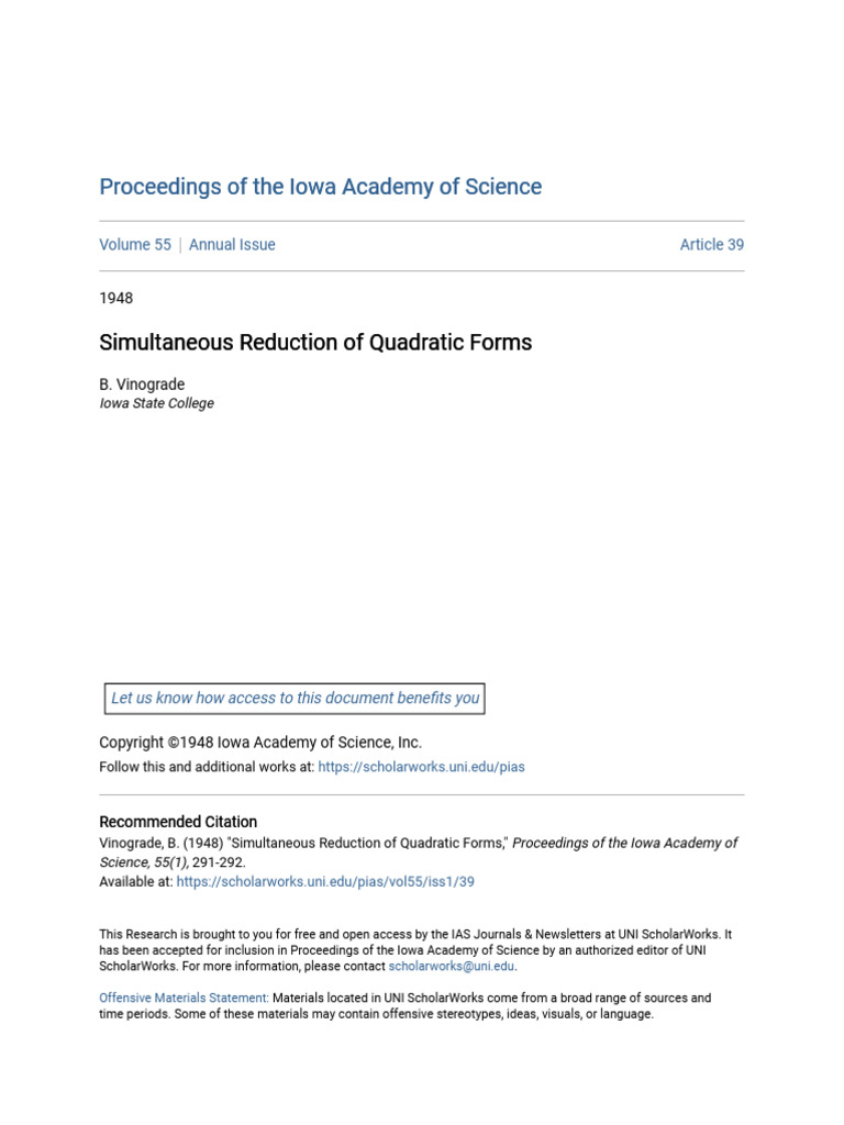 Simultaneous Reduction of Quadratic Forms | PDF | Matrix (Mathematics ...
