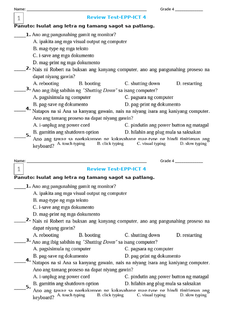 Epp 4 Ict Q1 Review Test | PDF