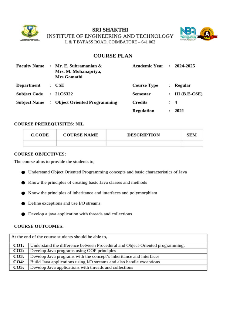Object Oriented Programming Course Plan | PDF | Class (Computer ...