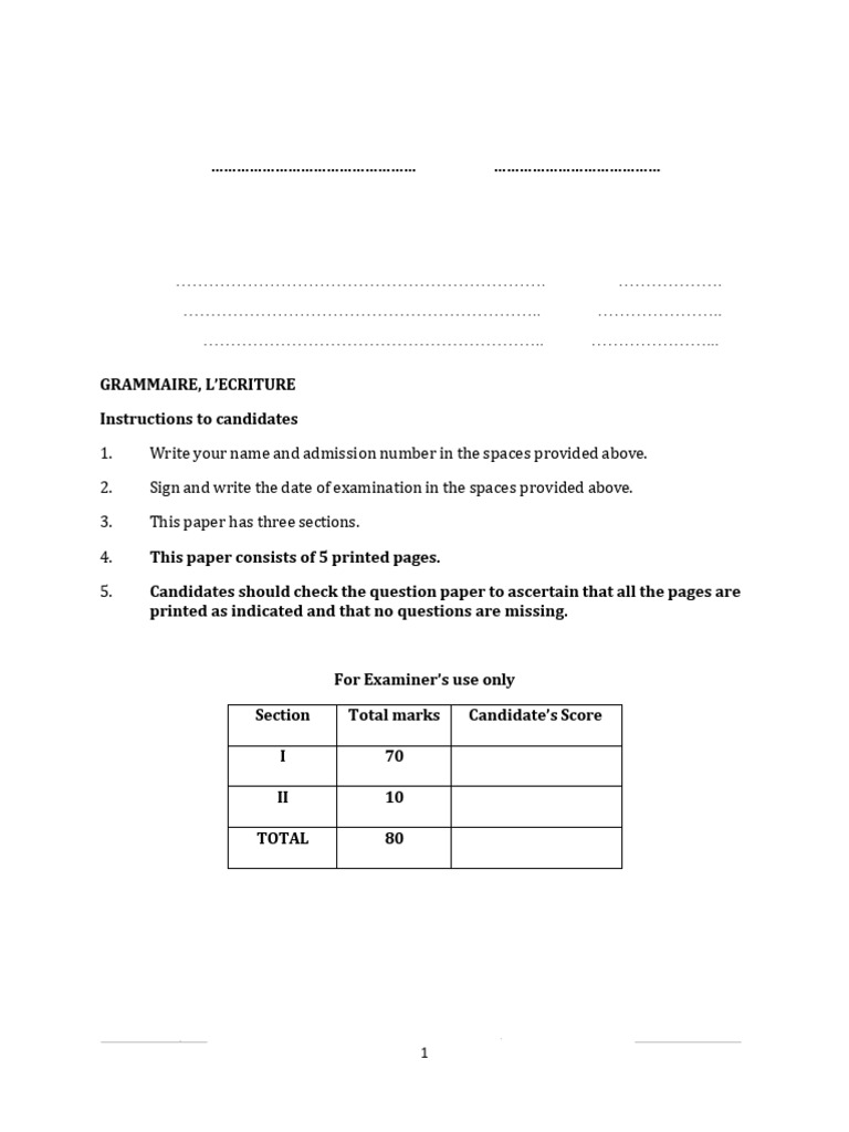 French Form 1 - - Question paper | PDF