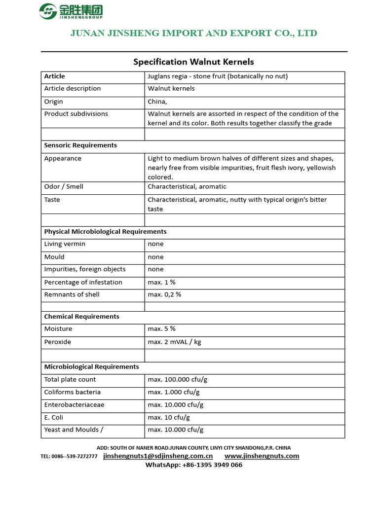 Product Specification-Walnut Kernels | PDF | Walnut | Magnesium