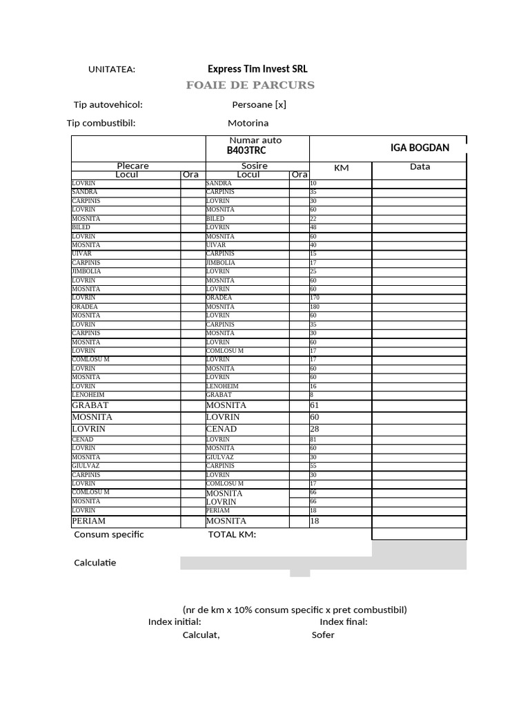 Ruta y Consumo de Combustible Lovrin-Mosnita | PDF