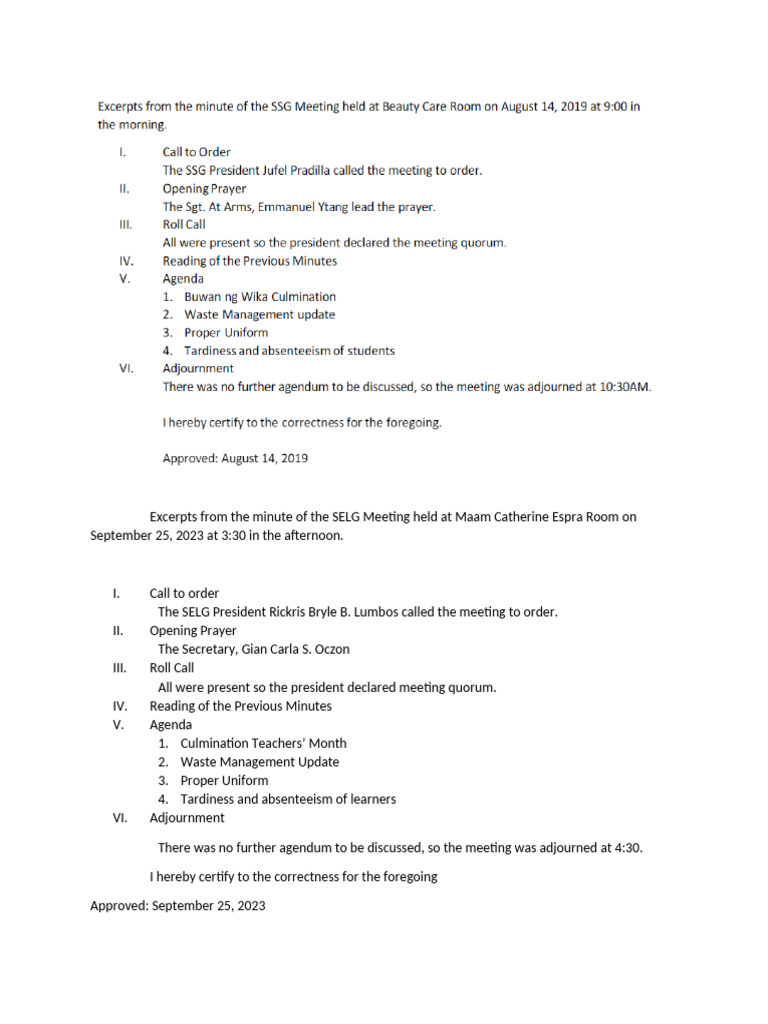 SELG Sample Meeting | PDF