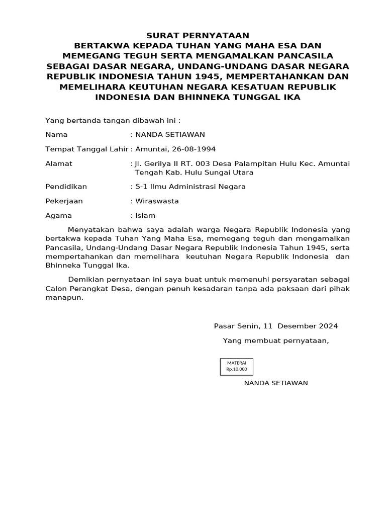 Surat Pernyataan Nanda Setiawan | PDF