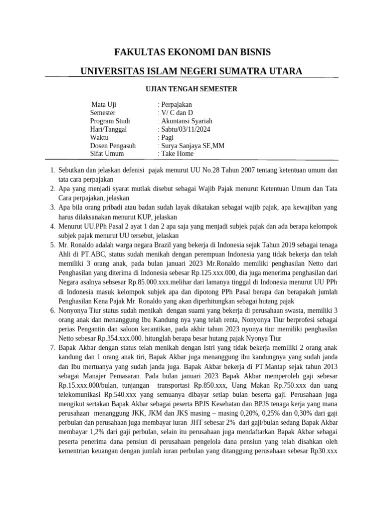 Soal Ujian Perpajakan UINSU UTS 2024november | PDF