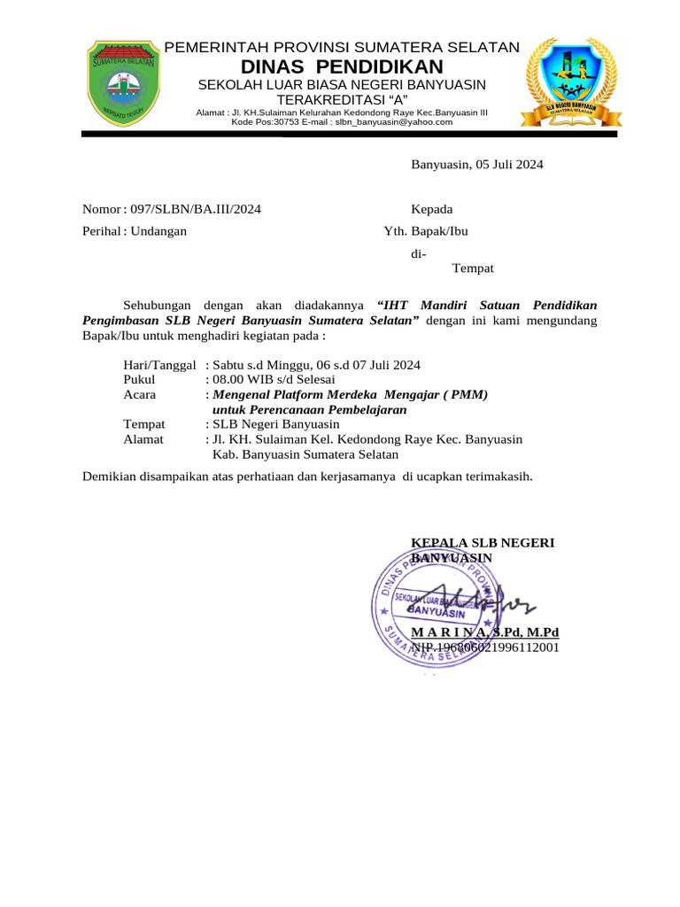 Undangan IHT SLB Banyuasin 2024 | PDF