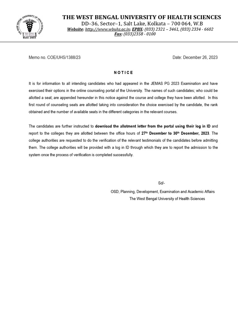 JEMAS 2023 ALlotment Notice | PDF | Health Sciences | Medicine