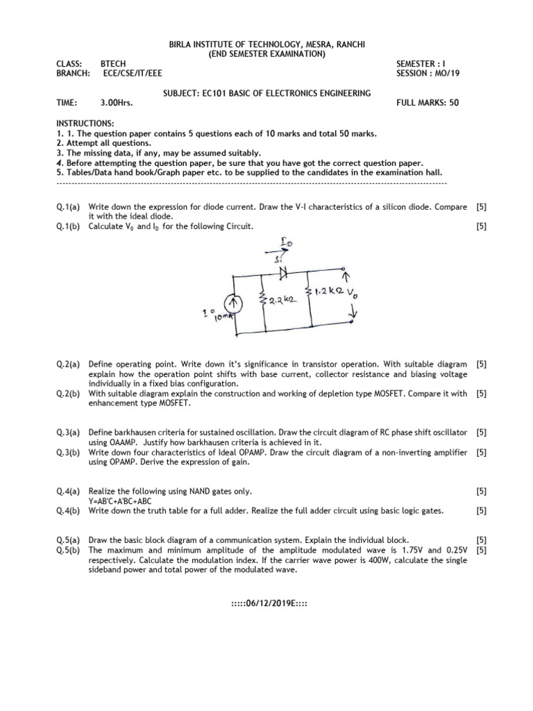 Ec101 Basic of Electronics Engineering (End - Mo19) | PDF | Electronic ...