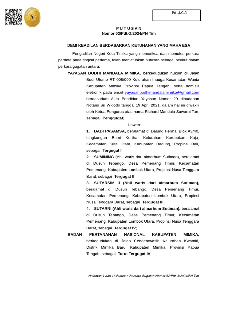 Putusan 62 PDT.G 2024 PN Tim 20241107220719 | PDF