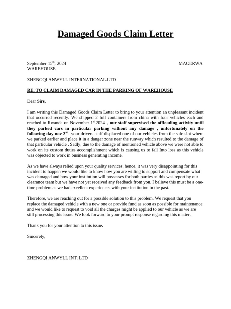 Damaged Goods Claim Letter | PDF