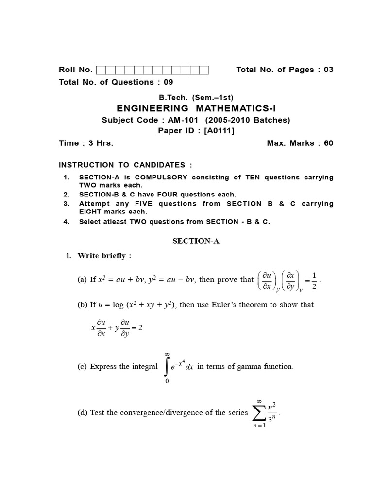 Math1 Btech 1st 2nd Sem May 2013 | PDF | Mathematical Objects | Elementary Geometry