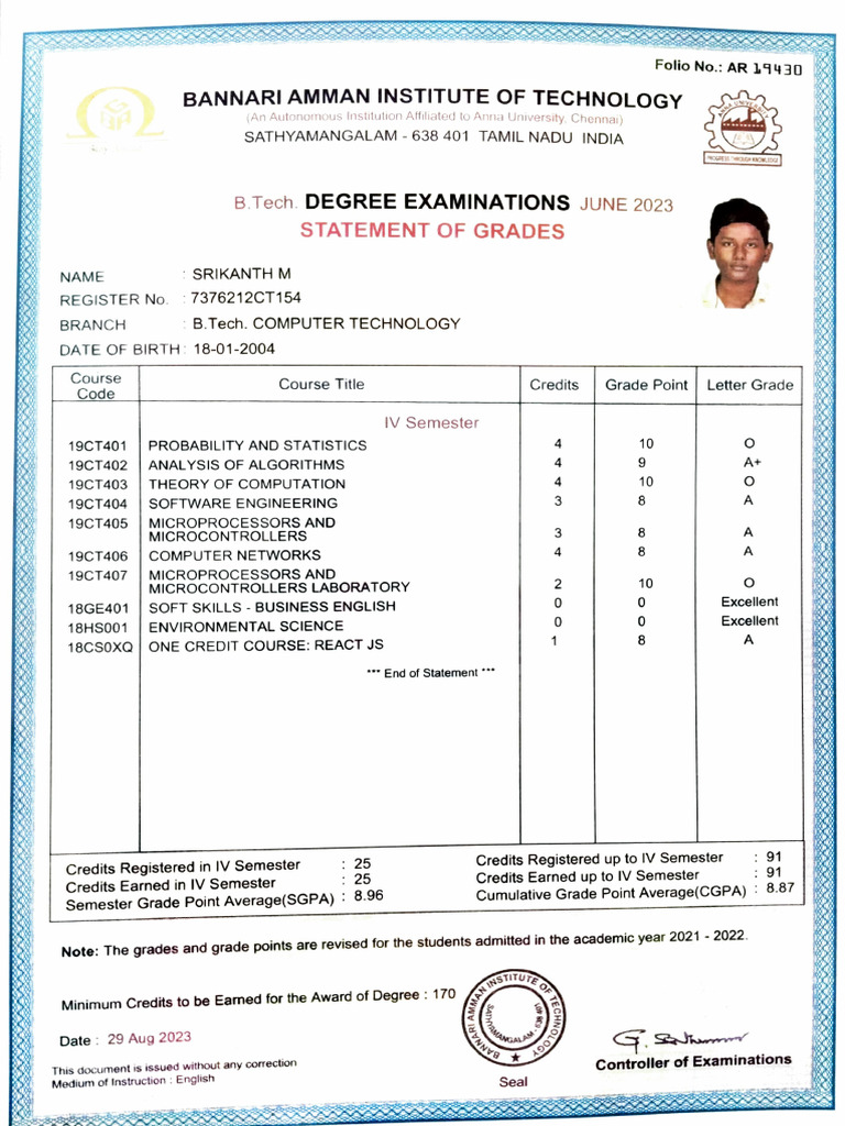 srikanth marksheet | PDF