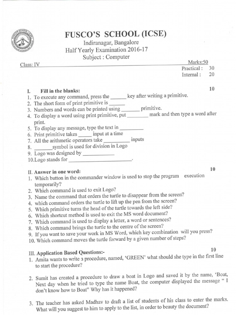 ICSE Class 4 Computer Half Yearly Model Exam | PDF