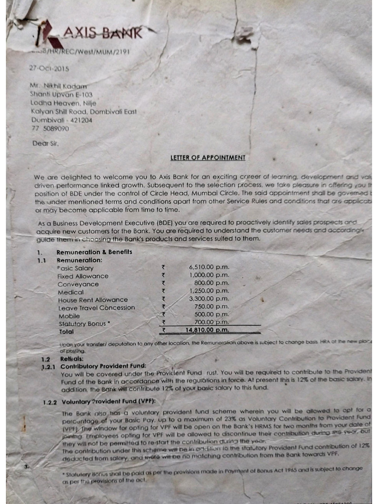 axis offer letter | PDF