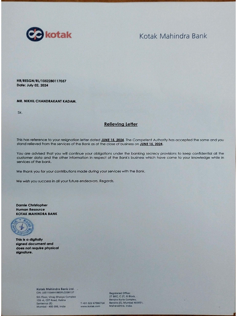 Kotak Relieving (Nikhil2024) | PDF