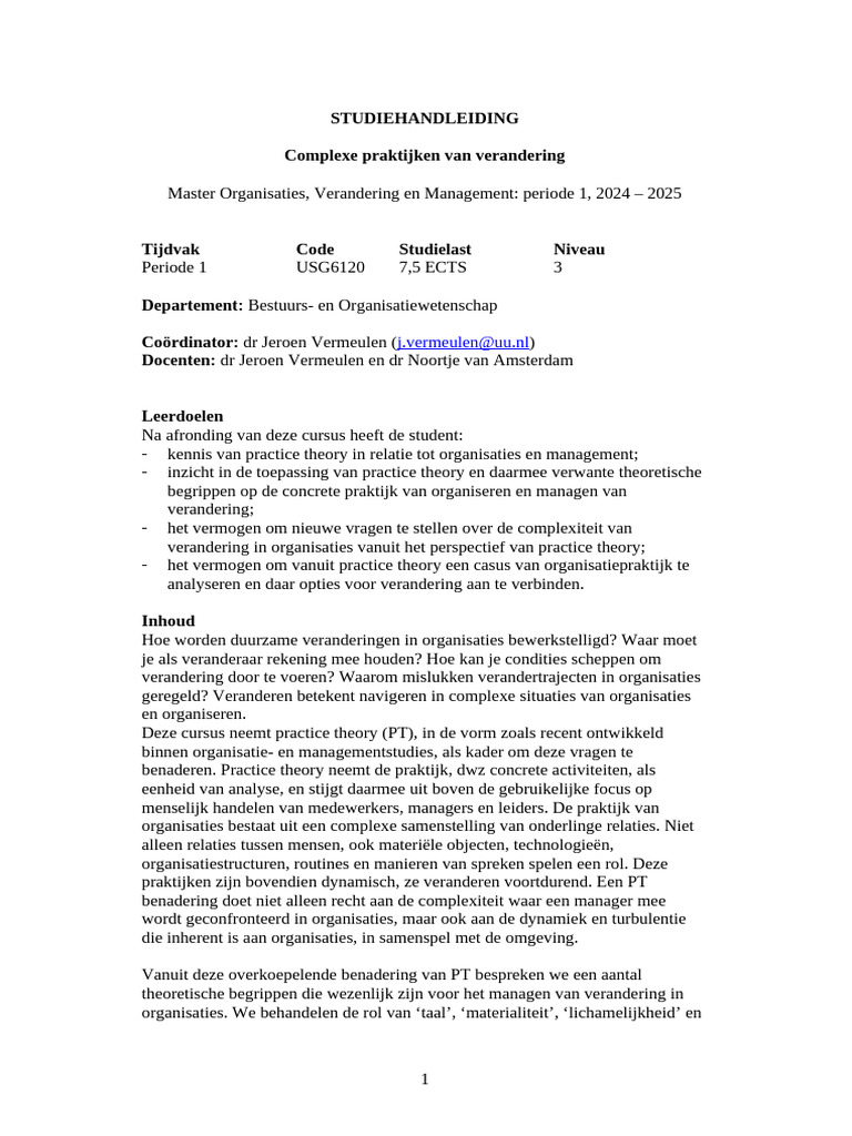 STUDIEHANDLEIDING Complexe Praktijken Van Verandering 2024 | PDF